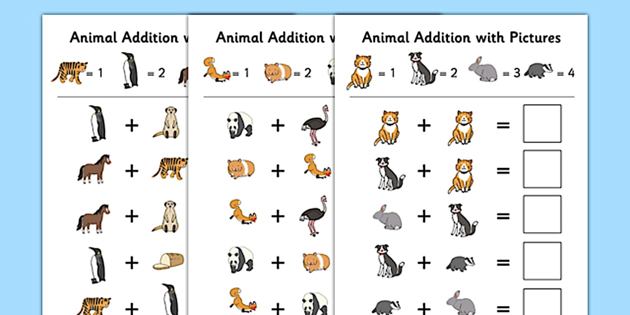 Black and White Animal Themed Addition with Pictures Worksheet Pack