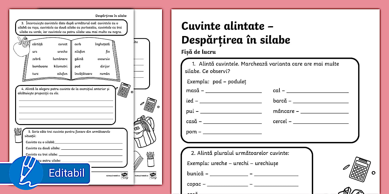 Cuvinte alintate Despărțirea în silabe Fișă de lucru Clasa 2
