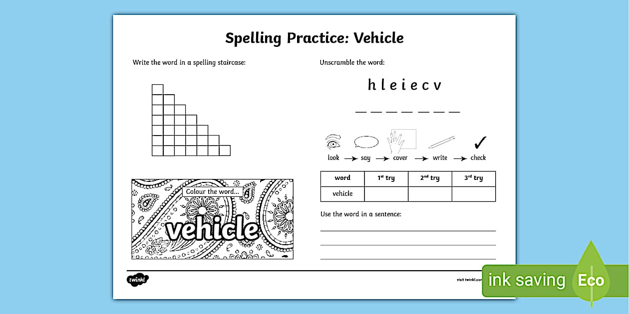 Vehicle Spelling Practice Worksheet (teacher made) - Twinkl