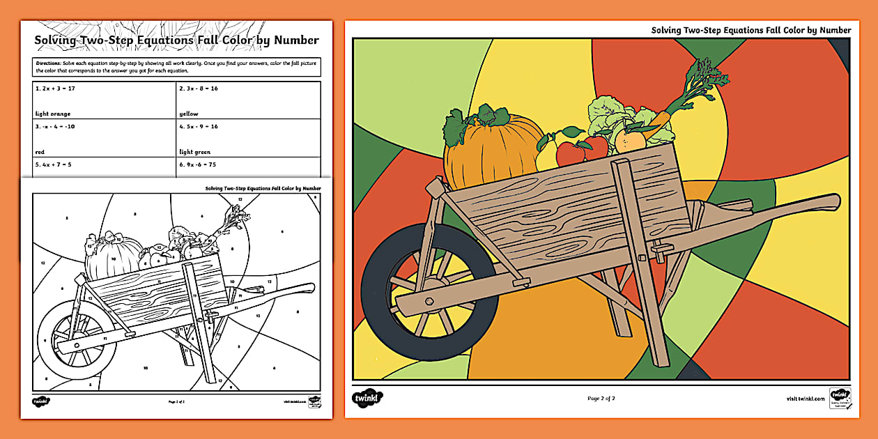 Seventh Grade Solving Two-Step Equation Fall Color by Number