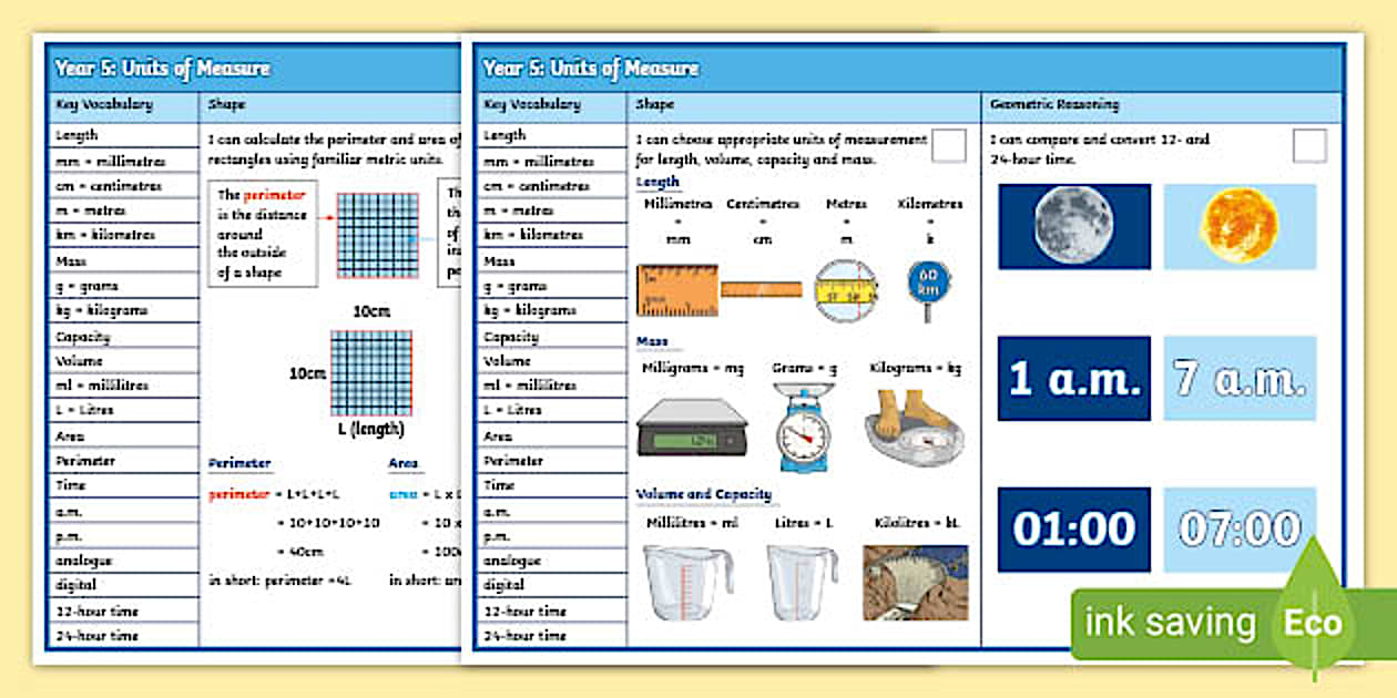 Year 5 Units of Measure Maths Knowledge Organiser - Twinkl