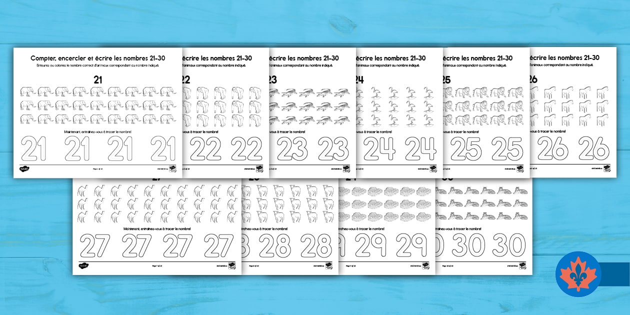Count, circle and Write the Animals Numbers 21-30 French