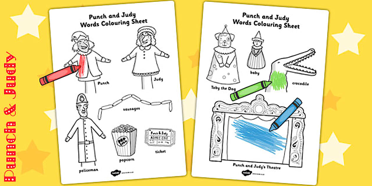 Punch and Judy Words Colouring Sheet - Twinkl
