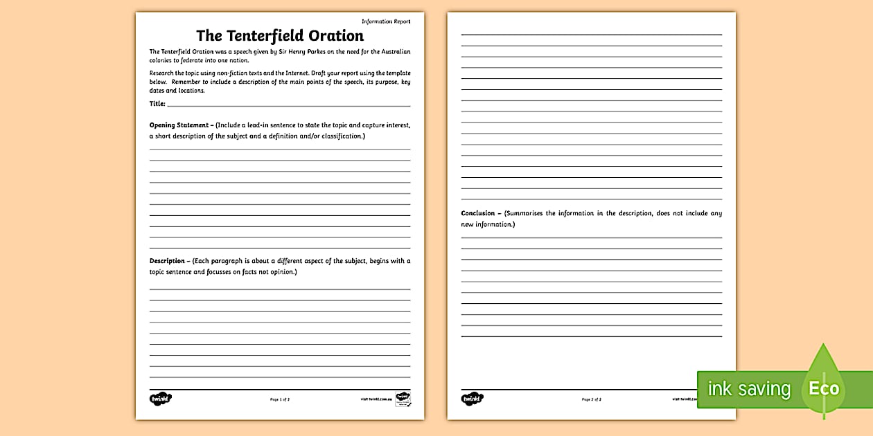 The Tenterfield Oration Report Writing Template - Twinkl