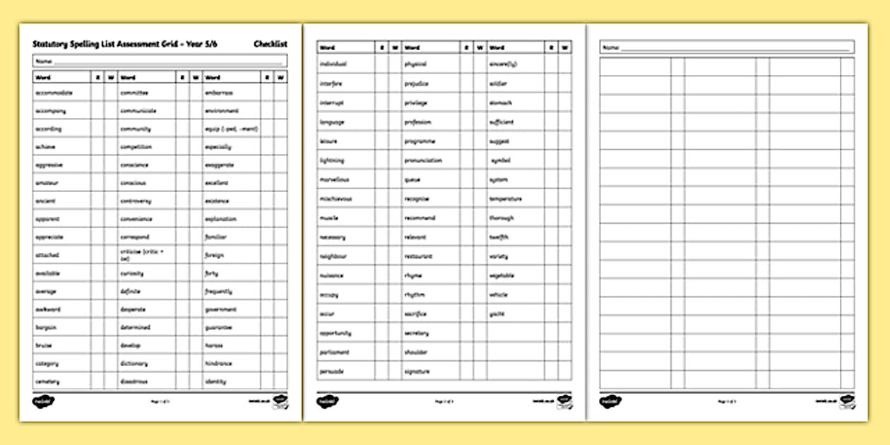 Editable Statutory Spelling List Assessment Grid Year 5, 6