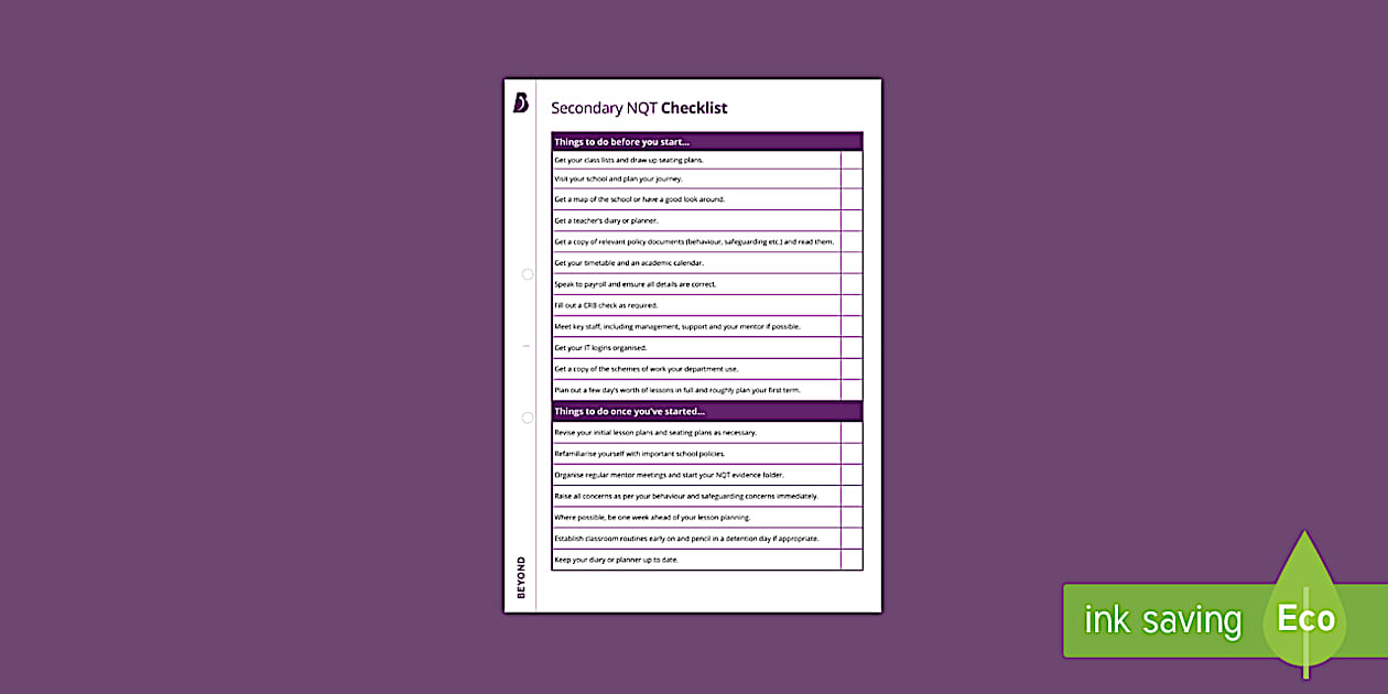 Secondary NQT Checklist Checklist (teacher made) - Twinkl