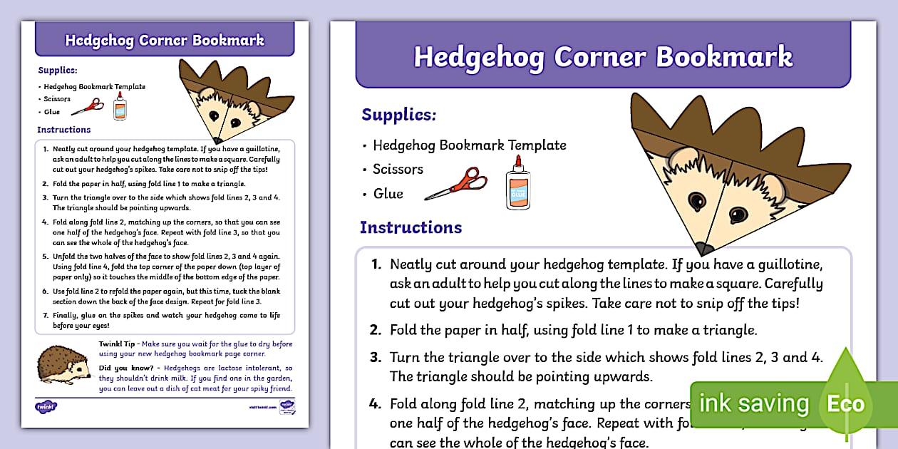 Page Corner Hedgehog Bookmark Craft (teacher made) - Twinkl