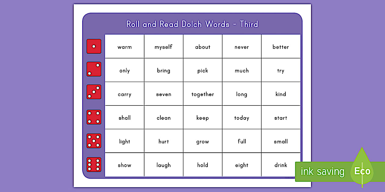 Black and White Dolch Word List Third Roll and Read Mat