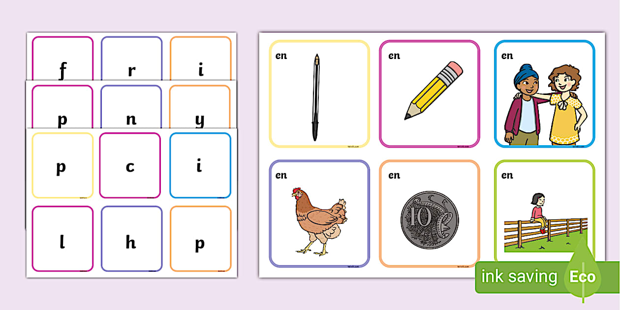 Black and White 'en' Words and Picture Matching Activity