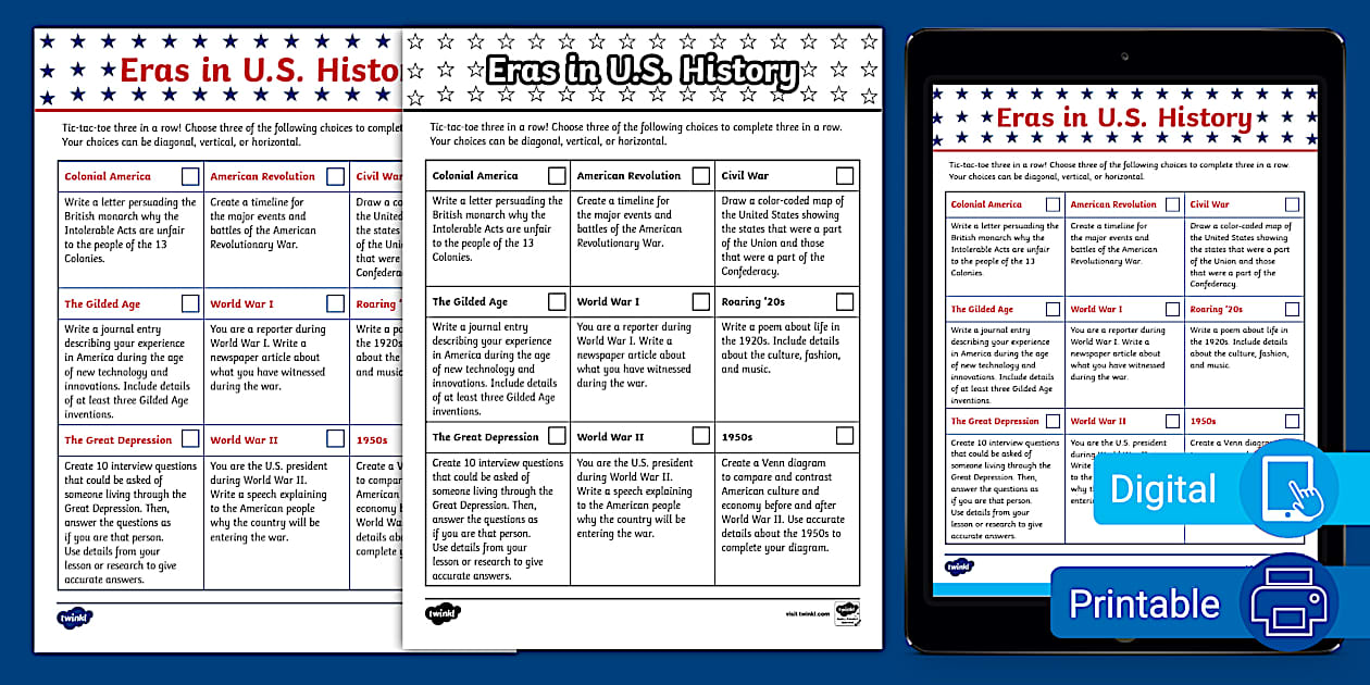 Eras in U.S. History Choice Board for 6th-8th Grade - Twinkl