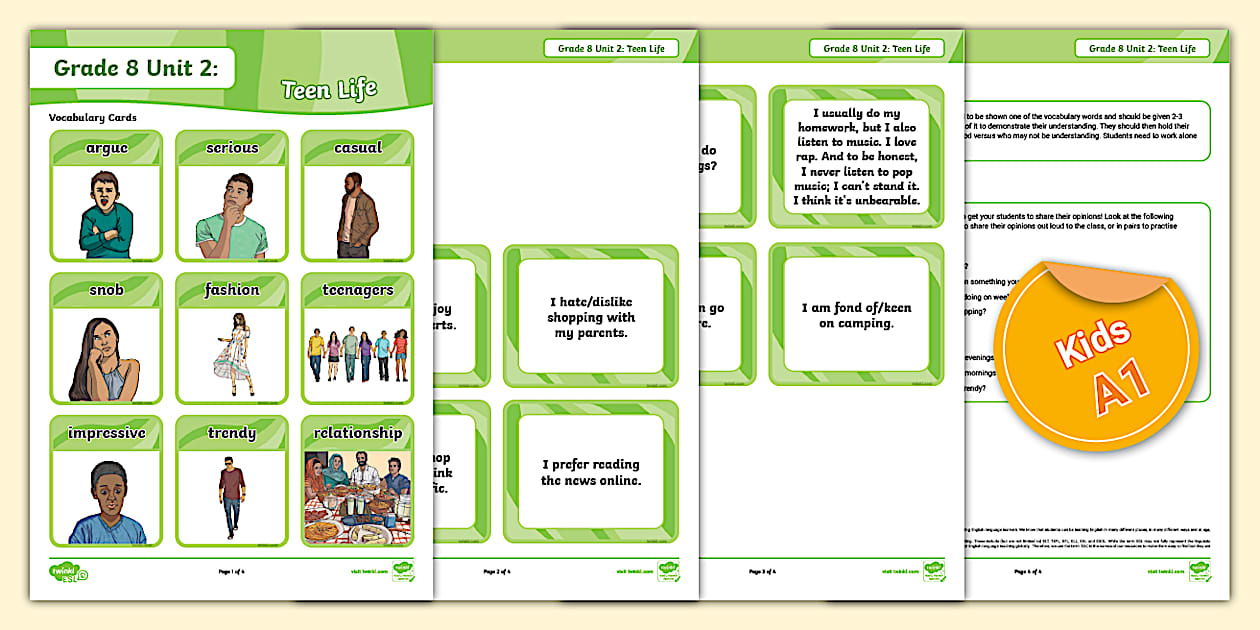 Turkey Curriculum English Vocabulary Cards: Grade 8 Unit 2 (Teen Life)