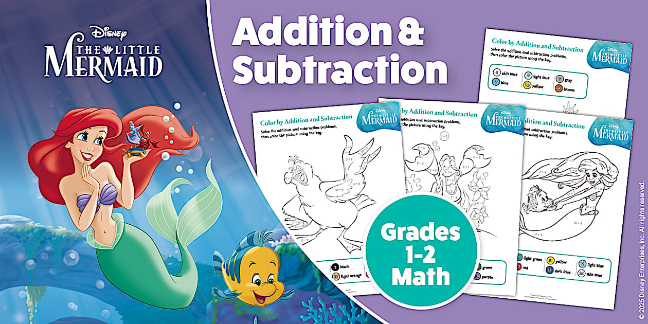 The Little Mermaid Color by Addition and Subtraction