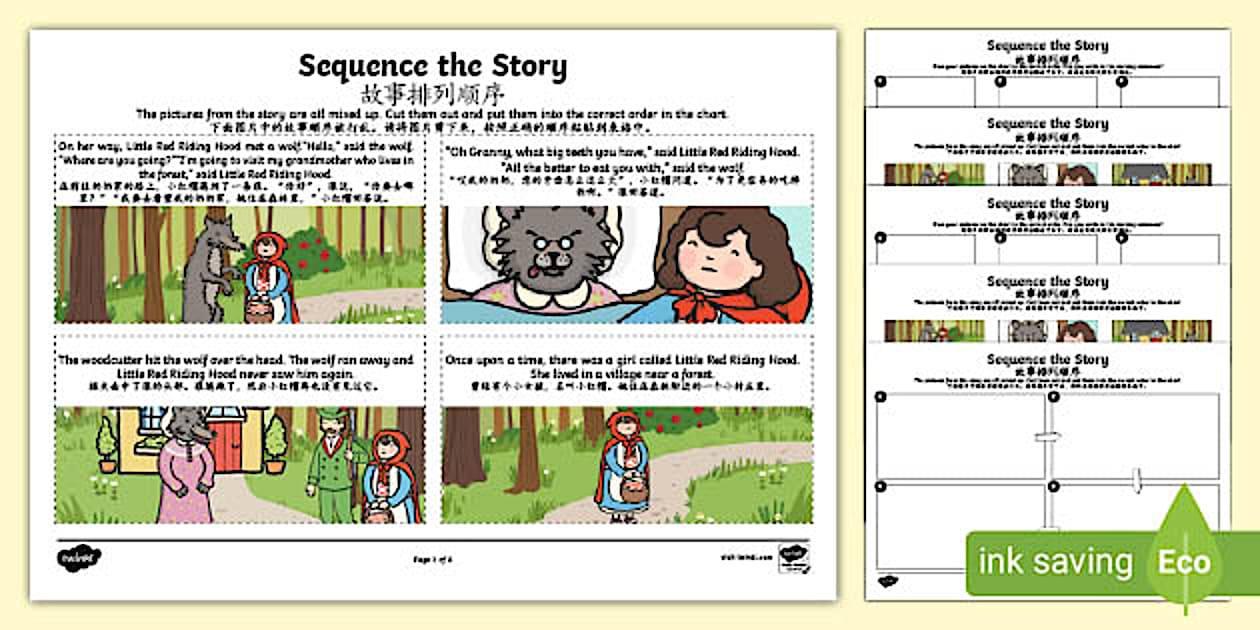 Little Red Riding Hood Sequence The Story Worksheet Pack - English/Mandarin