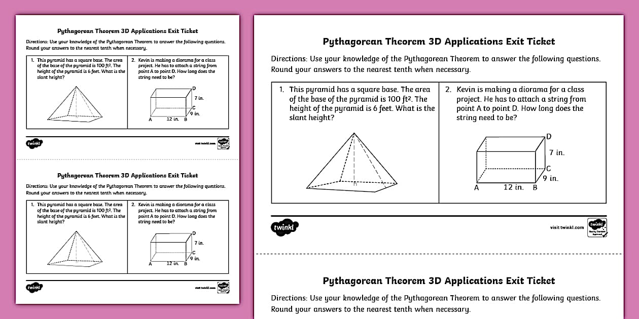 Eighth Grade Pythagorean Theorem 3D Applications Exit Ticket