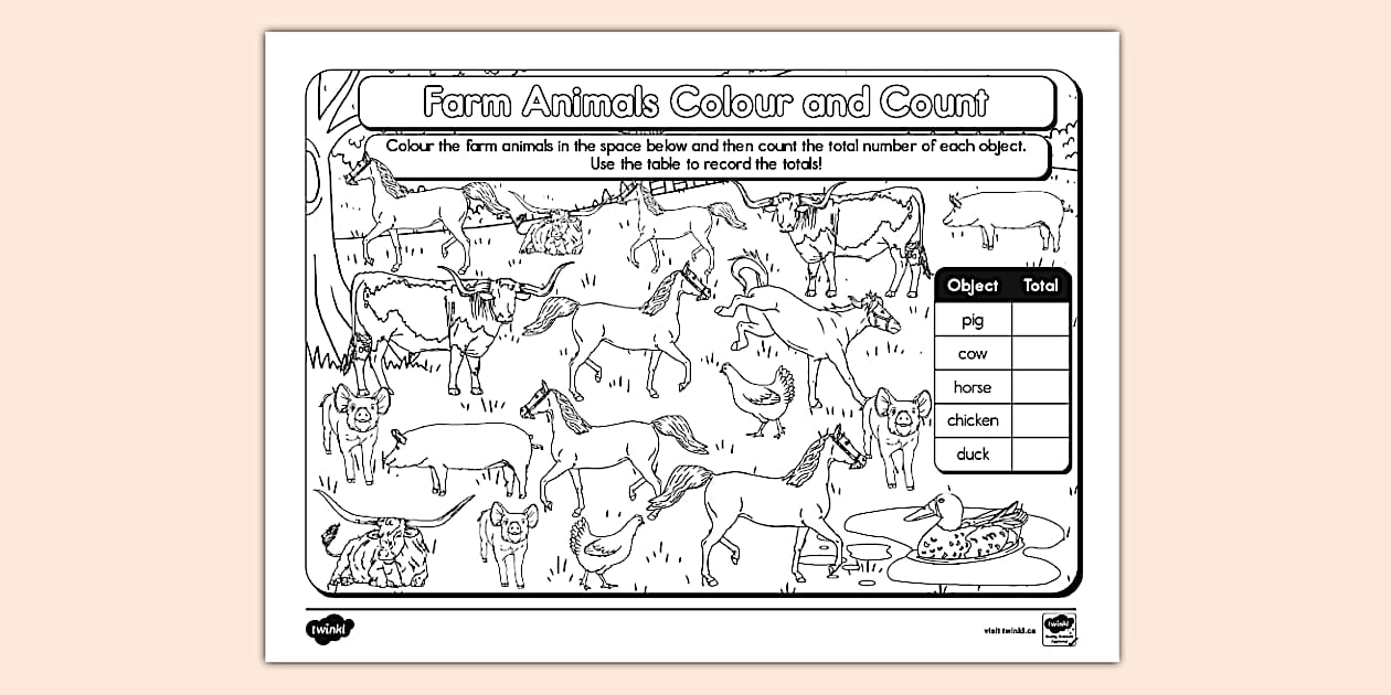 Farm Animals Colour and Count Worksheet - Twinkl