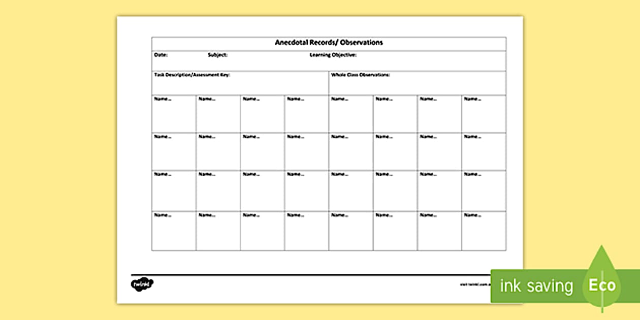 Editable Classroom Anecdotal Record Sample Template - Twinkl