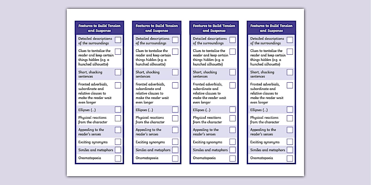 Features to Build Tension and Suspense Bookmark Checklist