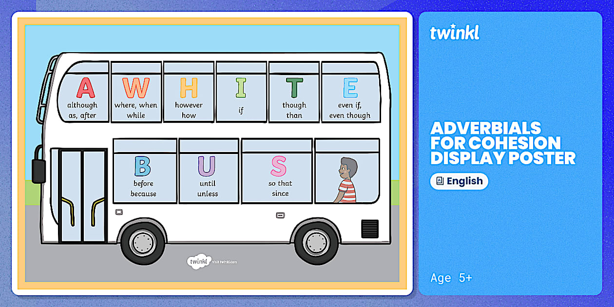 A WHITE BUS Conjunctions and Adverbials for Cohesion Display Poster