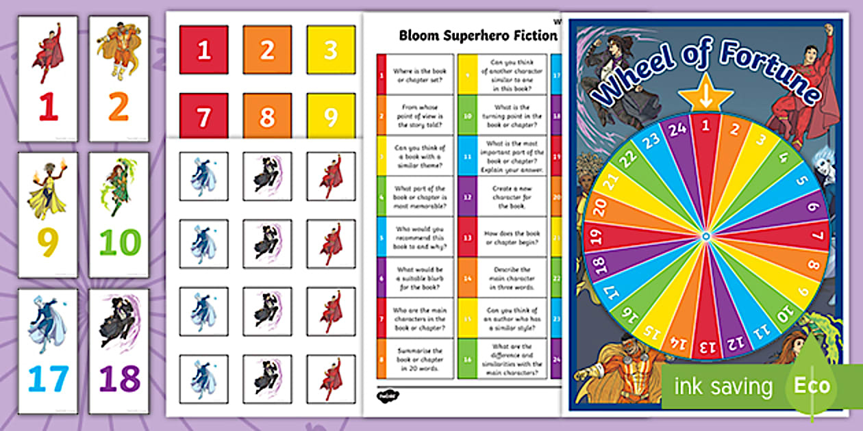 Bloom Superheroes Fiction Reading Questions Wheel Of Fortune Spinning Wheel