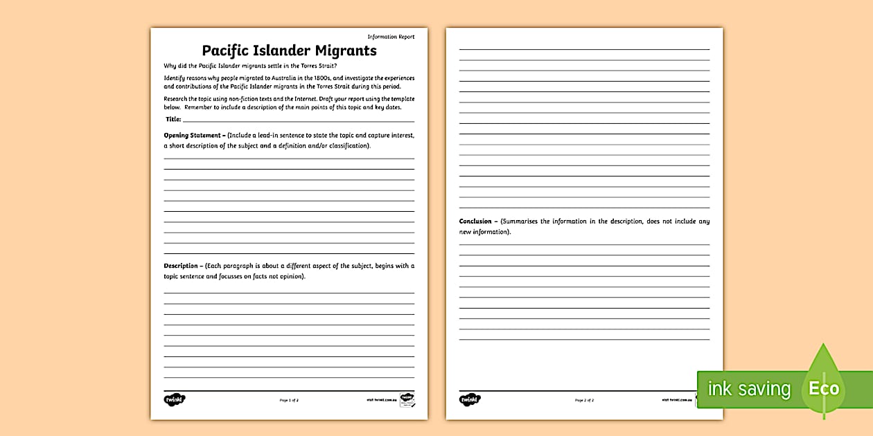 Pacific Islander Migrants Report Writing Template - Twinkl