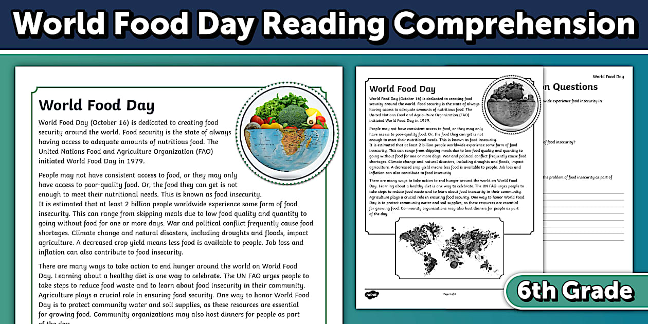 Sixth Grade World Food Day Reading Comprehension Worksheet