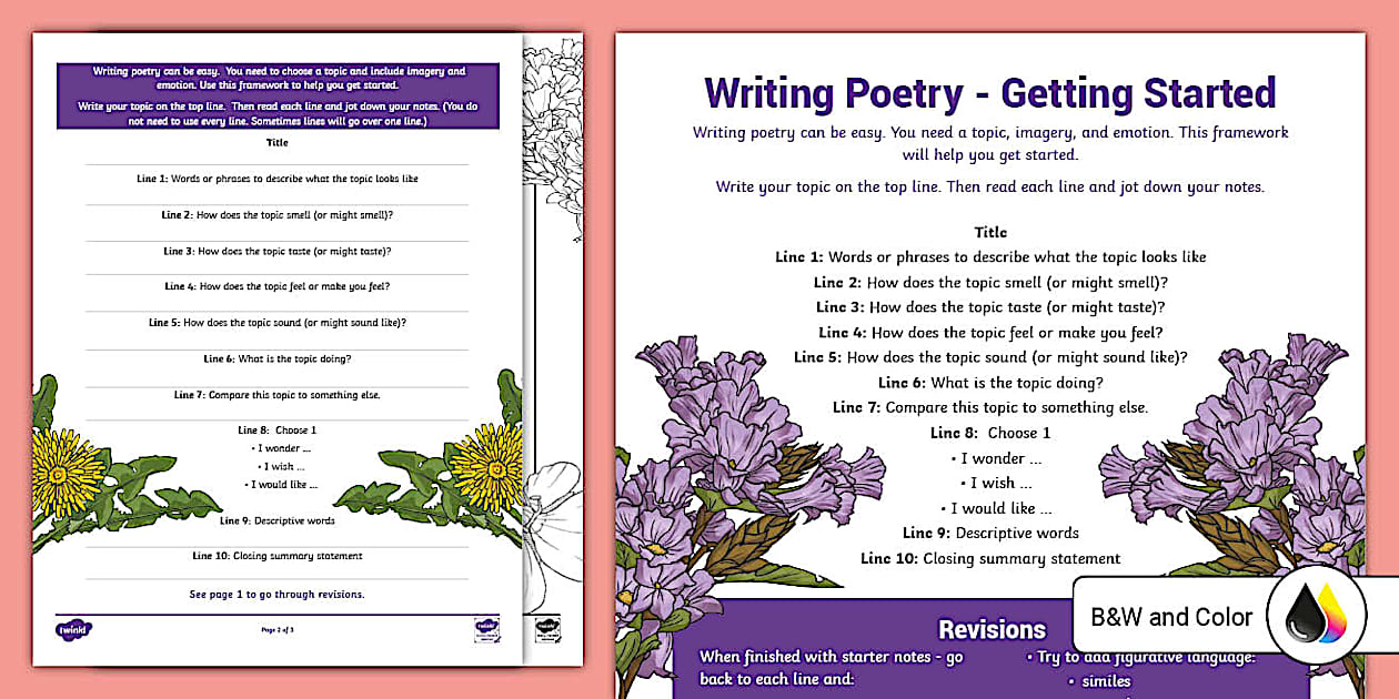 Writing Poetry - Getting Started Worksheet for 6th-8th Grade