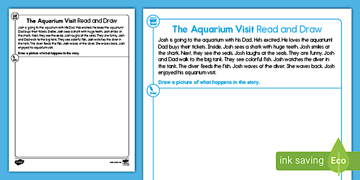 Kindergarten Reading Passage - The Aquarium Visit - Read and Draw Worksheet