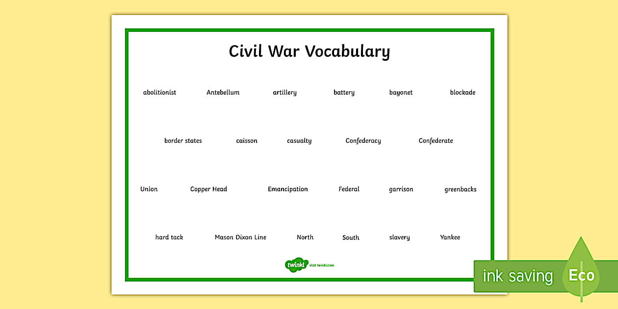 Civil War Vocabulary Word Mat