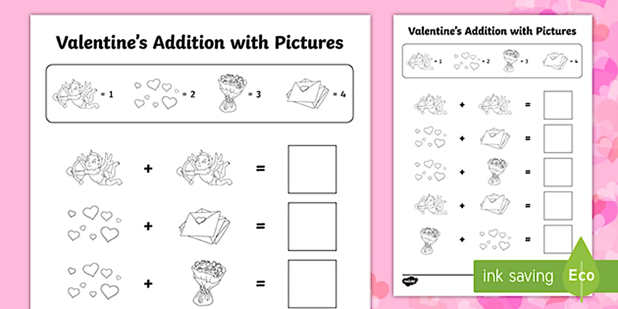 Valentine's Day Themed Addition with Pictures Worksheet / Worksheet