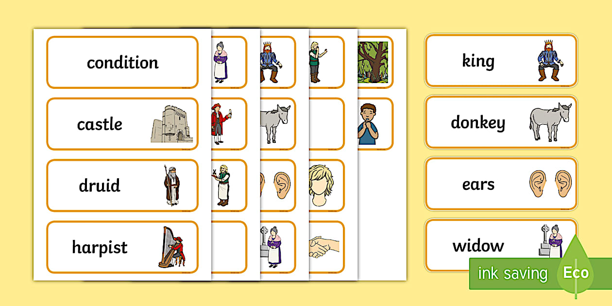 Black and White The King with Donkey's Ears Word Cards