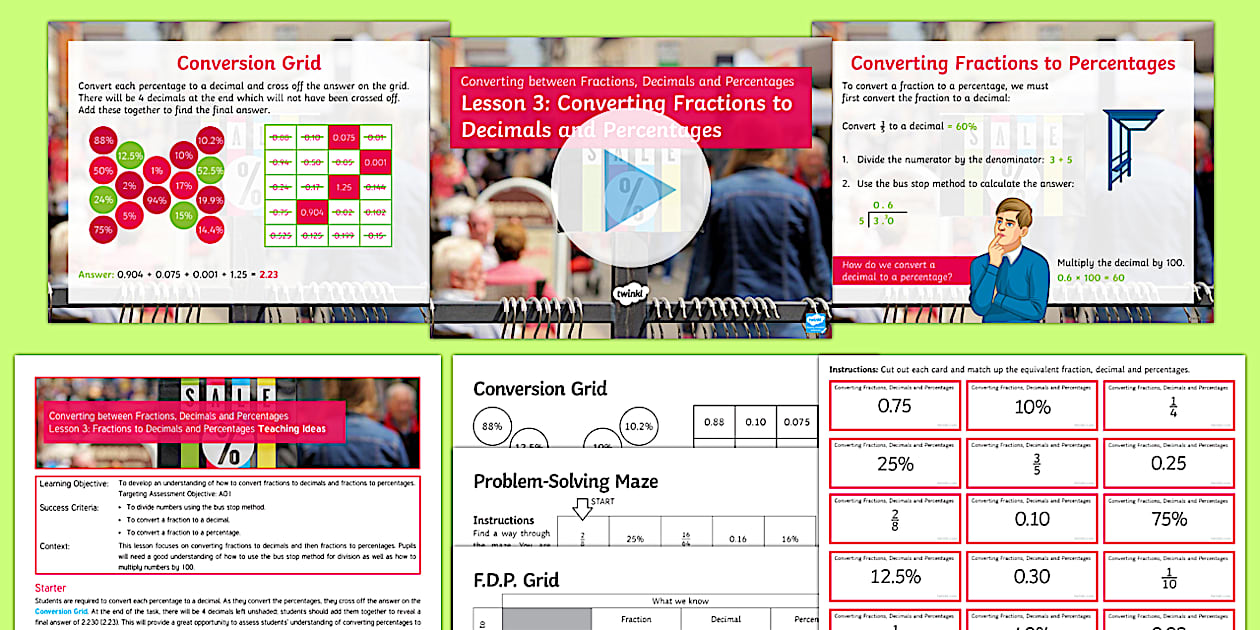 Lesson Plan converting fractions decimals and percentages
