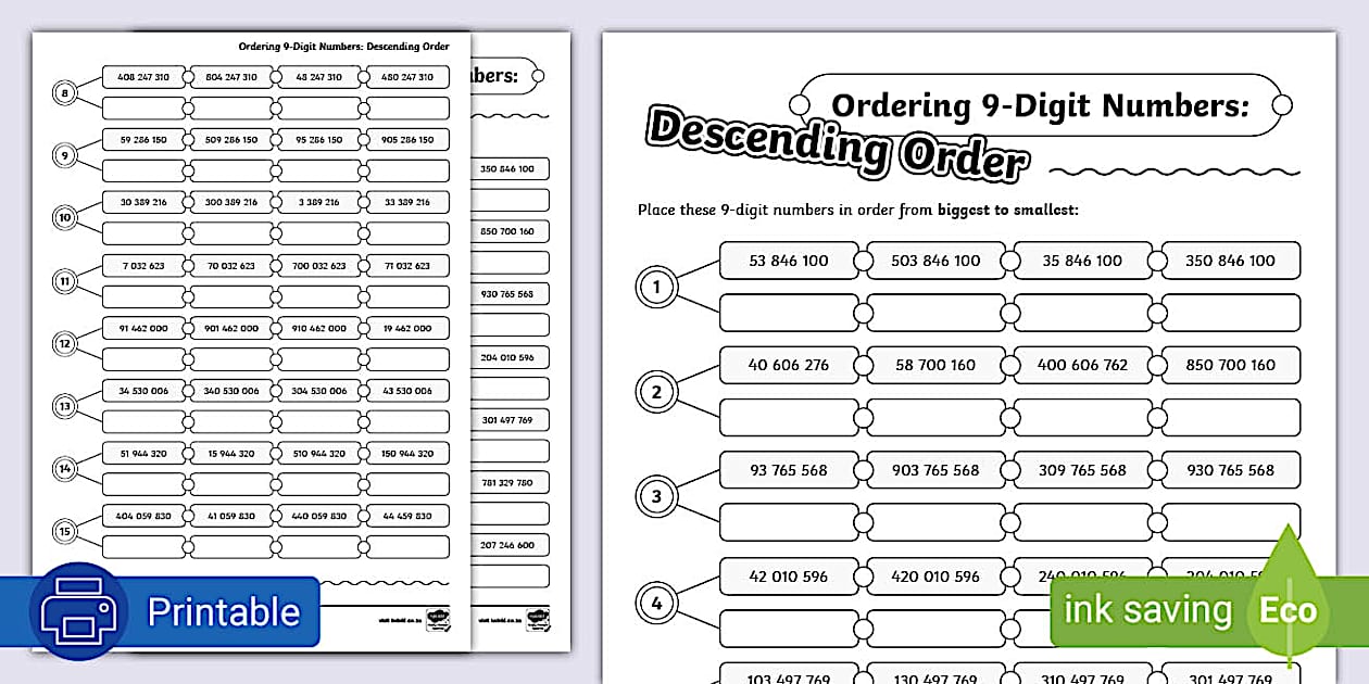 Ordering 9-Digit Numbers – Descending Order Activity Sheet