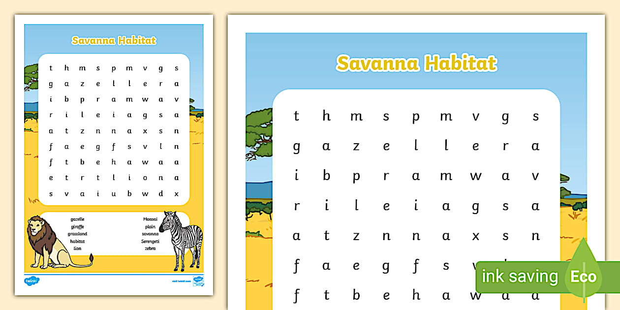 Savanna Habitat Word Search, Savanna (teacher made) - Twinkl