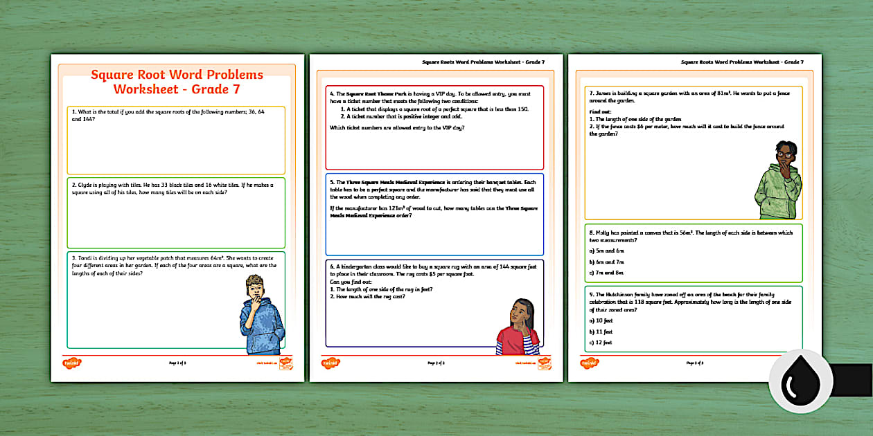 Square Roots Word Problems Worksheet - Grade 7 - Twinkl