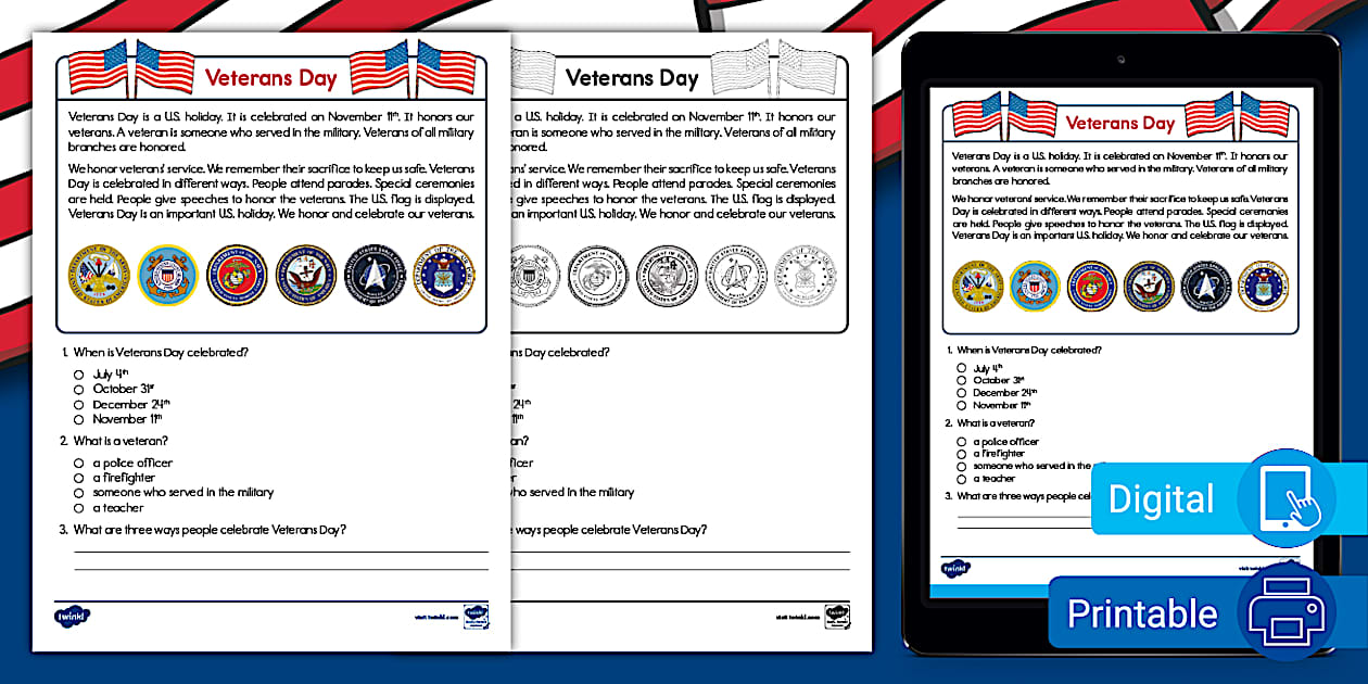 Veterans Day Reading Passage Comprehension Worksheet