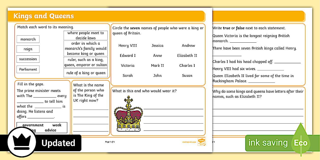 KS1 Revision Activity Mat: Kings and Queens (teacher made)