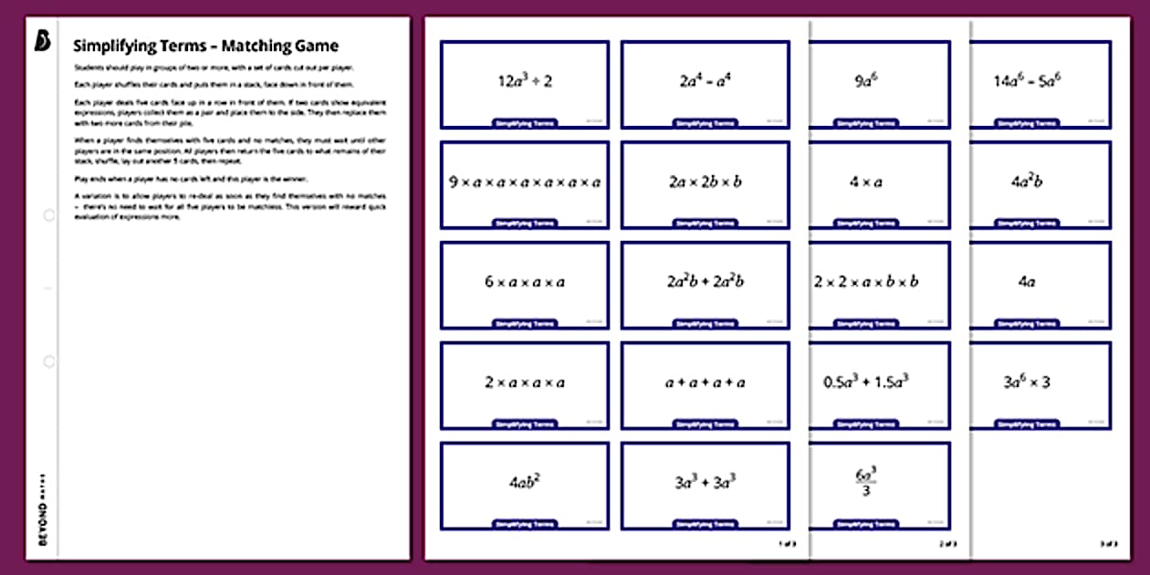👉 Simplifying Terms in Algebra Matching Game | KS3 Maths | Beyond