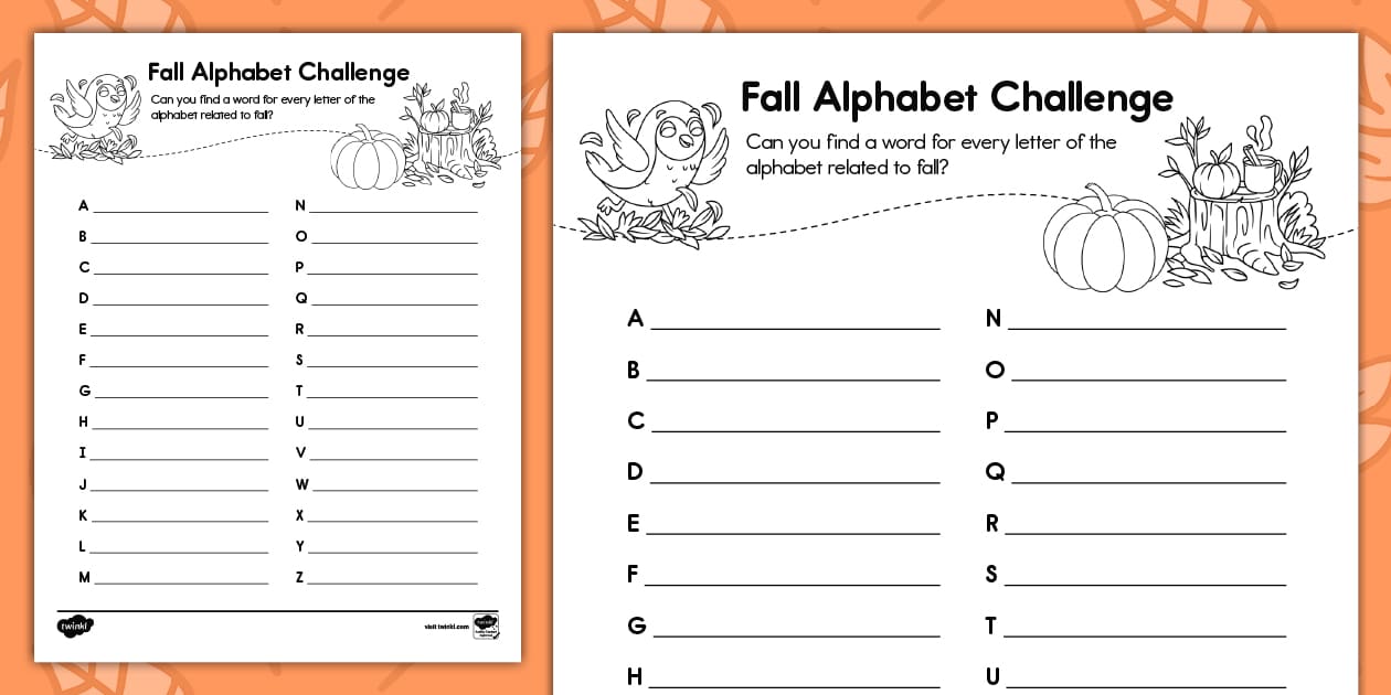Fall Alphabet Challenge Worksheet for K-2nd Grade - Twinkl