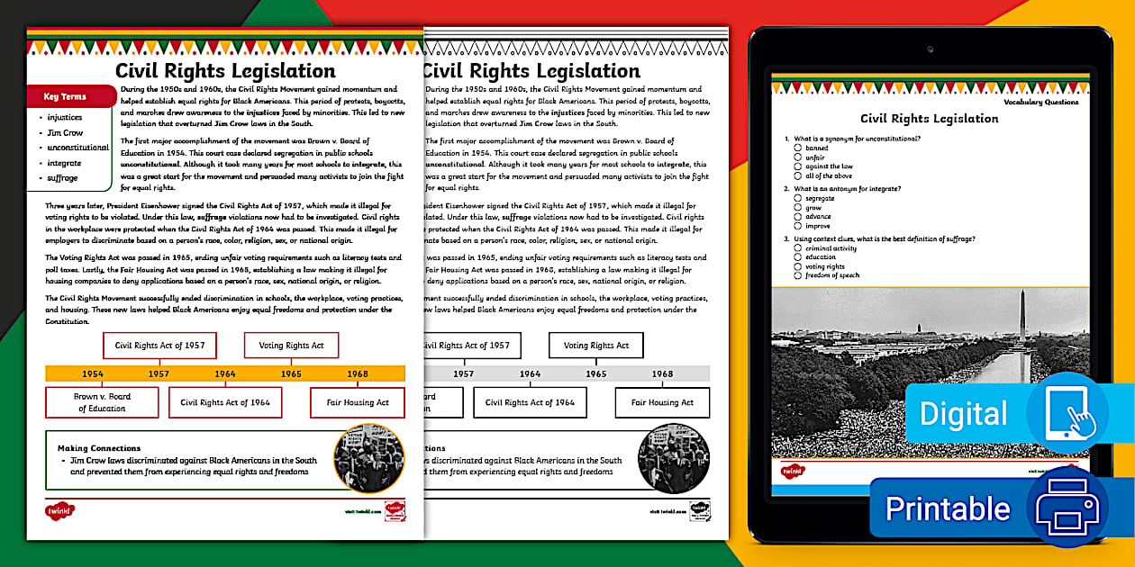 Eighth Grade Civil Rights Legislation Fact File and Vocabulary Questions