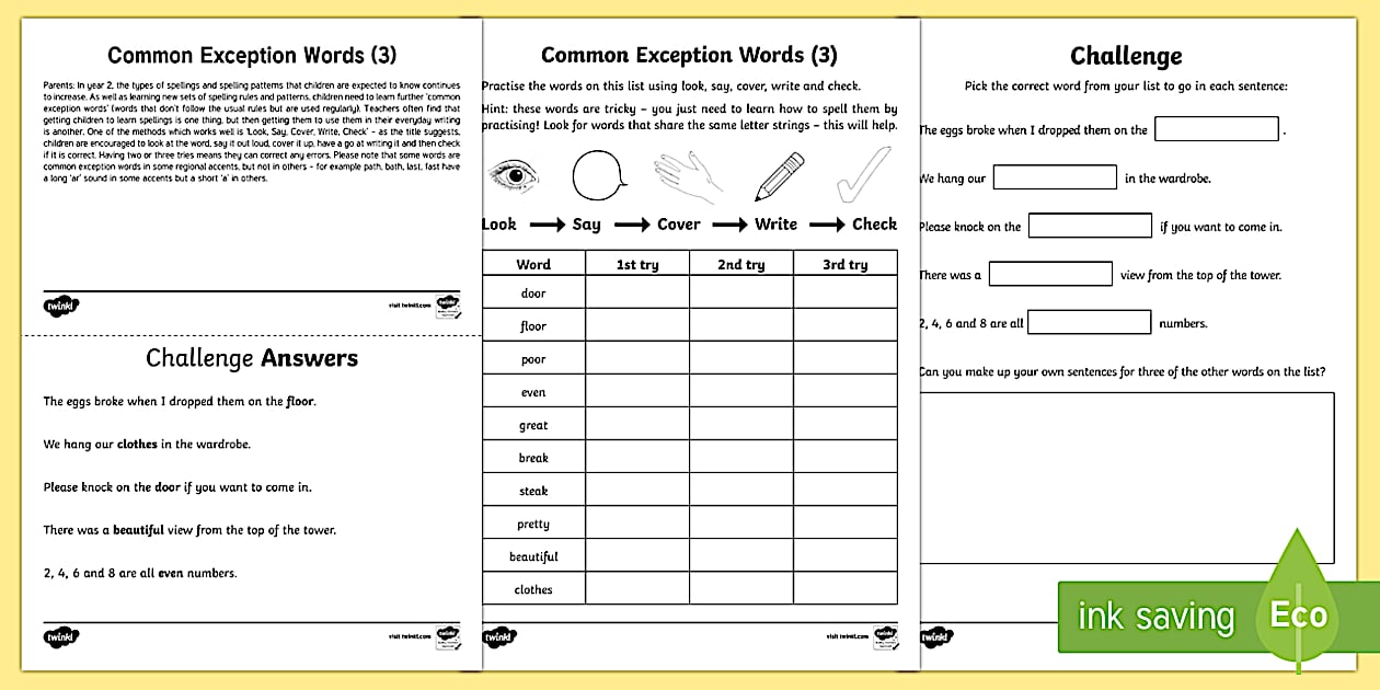 Year 2 Spelling Practice Common Exception Words (3) Worksheet