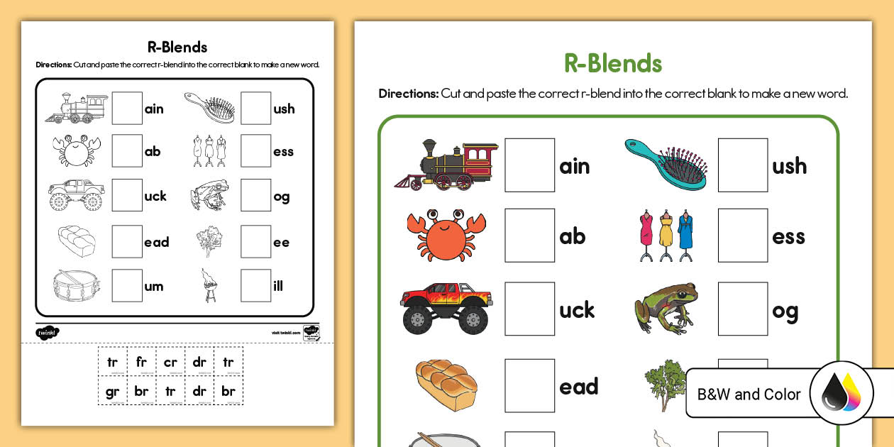 First Grade R Blend Cut and Paste Worksheet - Twinkl