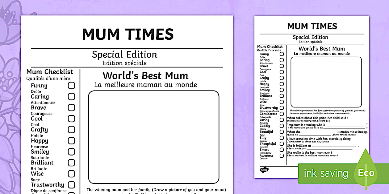 Mother's Day Newspaper Card Template Worksheet English/French - Mothers Day