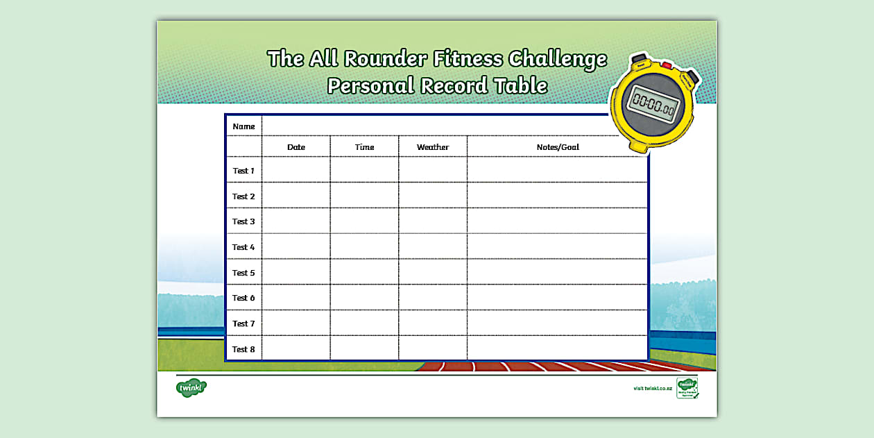 The All Rounder Fitness Challenge - Personal Record Table