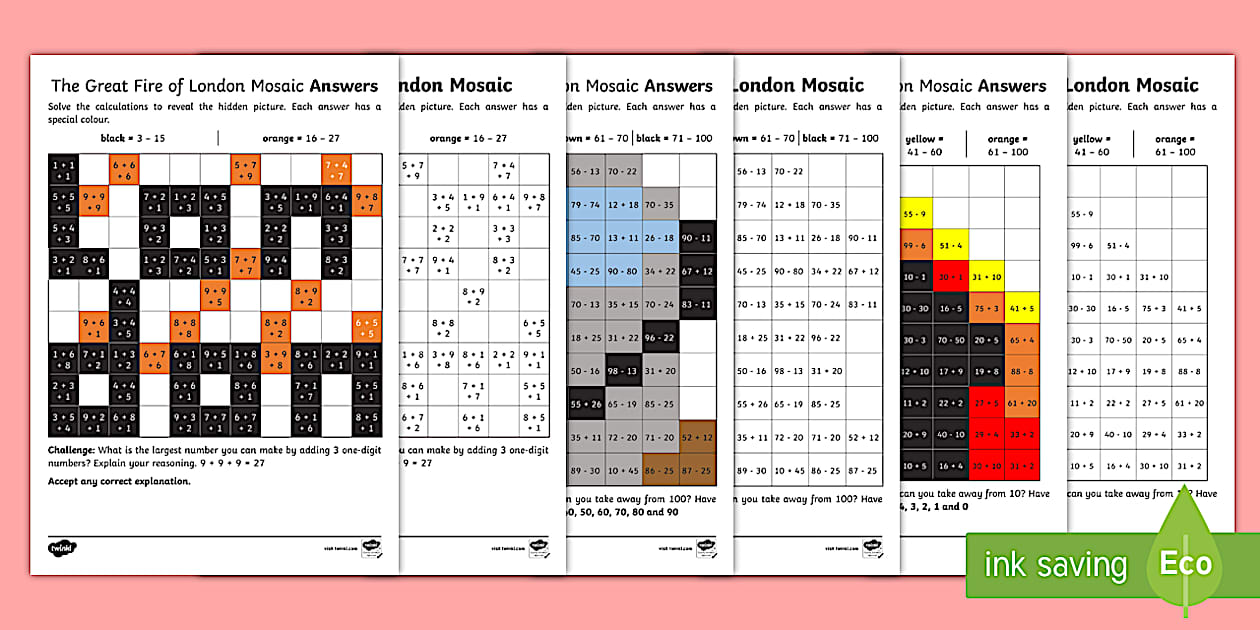 KS1 The Great Fire of London Mental Calculations Maths Mosaic Worksheets