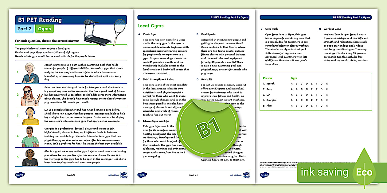 ESL B1 PET Reading Part 2 Worksheet (Gyms) (teacher made)