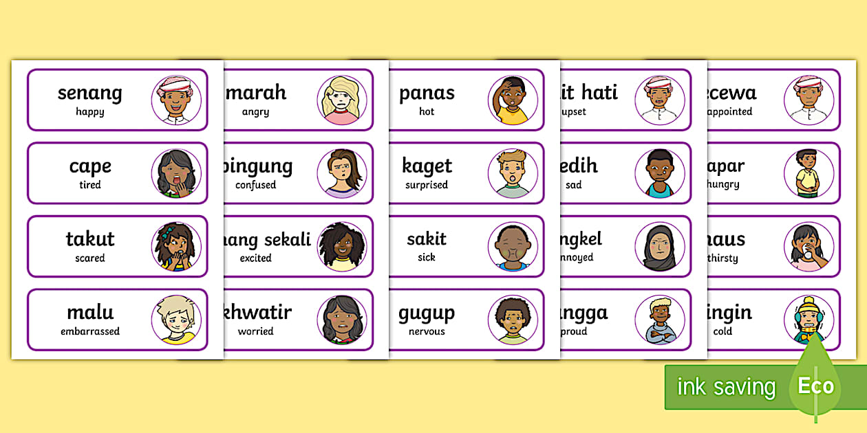Indonesian English Feelings and Emotions Word Cards - Twinkl