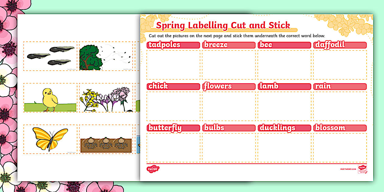 KS1 Spring Scene Labelling Cut and Stick Worksheet - Twinkl
