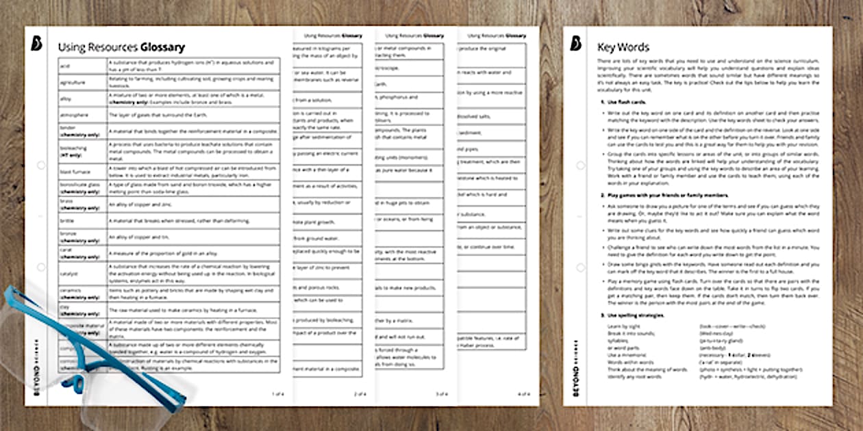 Using Resources Glossary | GCSE Chemistry | Beyond - Twinkl