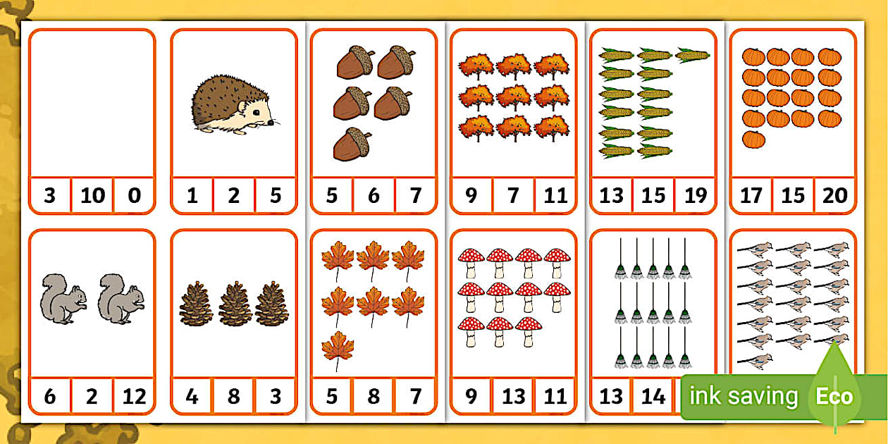 Autumn-Themed Numbers to 20 Peg Matching Cards - Twinkl