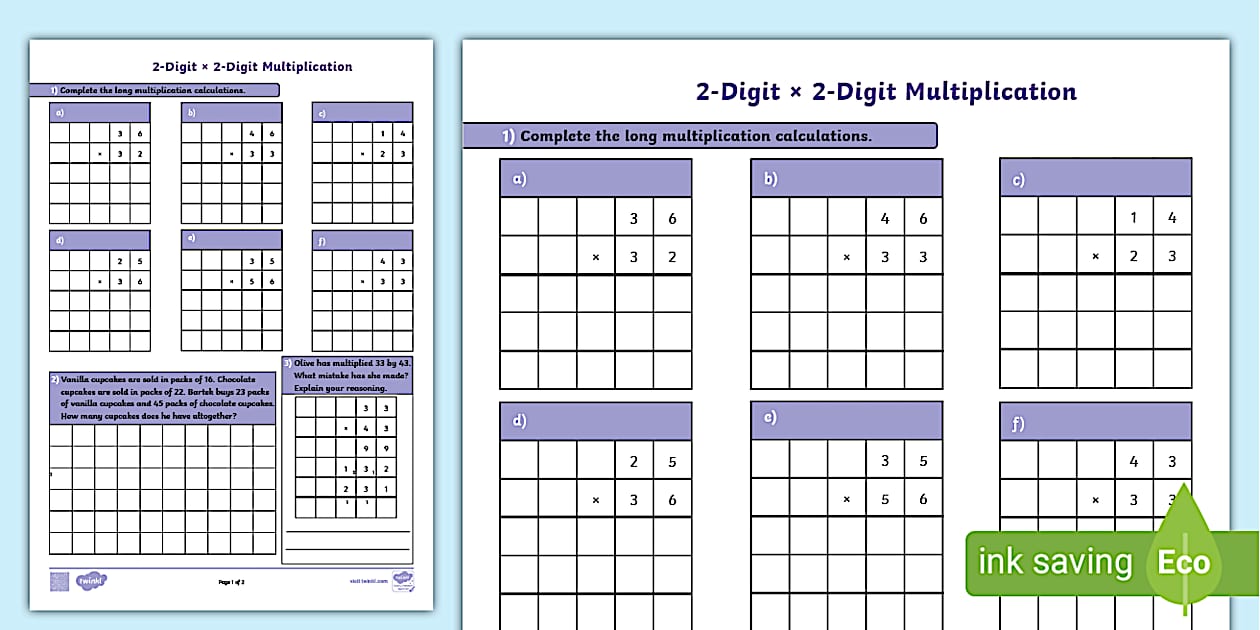 2 Digit x 2 Digit Multiplication Practise Activity Sheet KS2